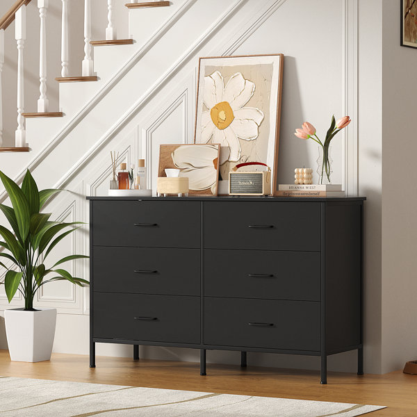 Ebern Designs 47.3'' Drawer Dresser, Wooden Chest Of 6 Drawers With Steel Frame, Modern Storage ...